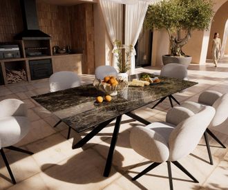 DELIFE Outdoortisch Edge 200x100 cm Keramik Laminam Emperador Extra Lucidato Dunkelbraun Kreuzgestell Rechteck Schwarz, Esstische