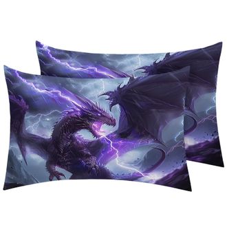 Generic Kissenbezug 2 St&uuml;ck Lila Drachen-Jungen-Cooles Tiermuster Kopfkissenbezug Mit Rei&szlig;verschluss Moderne Waschbar Sofa Dekoratives Kissenbez&uuml;ge, F&uuml;r Bett,