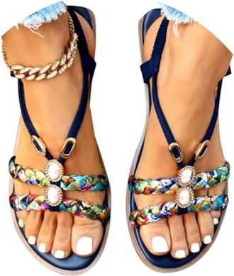 Minetom Femme Sandales Plates &Eacute;t&eacute; Boho Confortables Bout Ouvert Tongs de Plage Chaussures D&eacute;contract&eacute;es B Bleu 40 EU