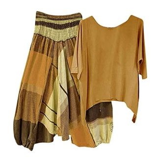Generic Surv&ecirc;tement pour femme deux tenues &agrave; manches longues, col rond, haut et pantalon long, ensemble de d&eacute;tente pour femme, grande taille, jaune, XXL