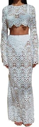 Generico Y2k Ensemble de 2 pi&egrave;ces en dentelle &agrave; manches longues et col rond pour femme Transparent, blanc, Medium