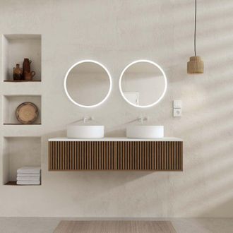 Aurlane Aurlane - meuble salle de bains 120 2 tiroirs décor chêne et noir - vasques et plan blancs - miroirs led ø50
