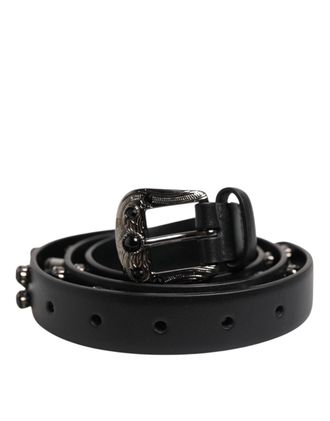 Dolce & Gabbana Mens Black Studded Leather Metal Logo Buckle Belt