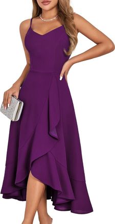 Dresstells Cocktailkleid Damen Tr&auml;ger Hochtief Midikleid Festliche Kleid f&uuml;r Hochzeitsg&auml;ste Knielang Weihnachtsfeier Kleider Elegantes Partykleid Grape XL
