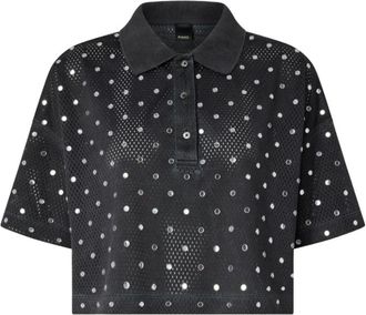 Pinko Pinko, Femme, Tops, Noir, Taille: 42 FR Polo court en maille avec d&eacute;tails miroirs