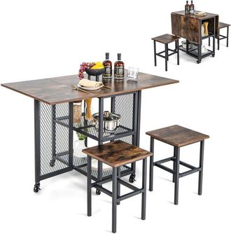 Costway Costway - Table cuisine extensible 44-120 cm - 6 places - 2 &eacute;tag&egrave;res int&eacute;gr&eacute;es - 2 tabourets inclus - Design compact &agrave; roulettes