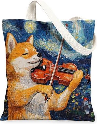 Generic Shiba Inu Sac fourre-tout en toile r&eacute;utilisable pour faire du shopping Motif violon &eacute;toil&eacute; nocturne 33 x 38 cm