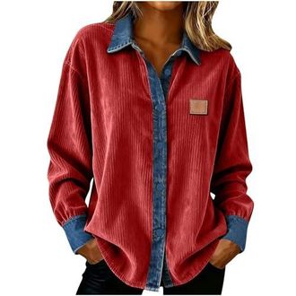 Generic Chemise en Denim Patchwork Femme Confortable Manches Longues Pull-Over Col Rond Couleur Unie Top Haut Streetwear Grandes Tailles Vetement pour Automne