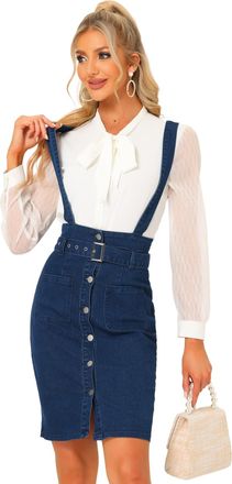 Allegra K Damen Hosentr&auml;gerrock Hohe Taille Knopfleiste Figurbetont mit G&uuml;rtel Bleistiftr&ouml;cke Dunkelblau XL