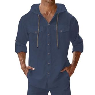 Generic DENGJIAMY Chemises &agrave; capuche &agrave; manches longues pour homme en lin uni &agrave; manches longues d&eacute;contract&eacute;es boutonn&eacute;es chemises tendance v&ecirc;tements de vacance