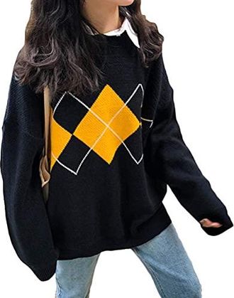 TOMWELL Femme Pull À Carreaux Y2K Motif Géométrique Décontracté Automne Hiver Tricoté Pull Mode Lâche Tricots Angleterre Style Haut C Jaune M
