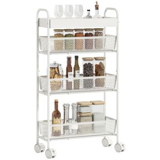 HOMCOM Rollwagen, K&uuml;chenwagen mit 4 Ebenen, Servierwagen mit Rollen, 3 Ausziehk&ouml;rben, oberer Ablage, Griffen, Schmal Aufbewahrungswagen f&uuml;r Wohnzimmer K&uuml;che 