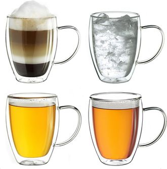 Creano doppelwandiges Thermoglas mit Henkel 250ml, großes Doppelwandglas aus Borosilikatglas, Kaffeegläser, Teegläser, 4er Set