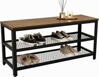 Relaxdays Schuhbank, f&uuml;r 8 Paar Schuhe, HxBxT: 45 x 100 x 30 cm, 2 Gitterablagen, Sitzbank in Holzoptik, braun/schwarz