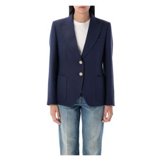 Valentino Garavani Femme, Vestes, Bleu, Taille: 38 FR Laine Crêpe Soie Blazer Boutons Bijoux