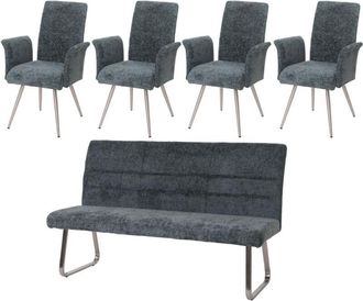 Hhg Esszimmer-Set 221, 4er-Set Stuhl mit Armlehne+Sitzbank 180cm, Edelstahl gebürstet Stoff/Textil Chenille blau-grün