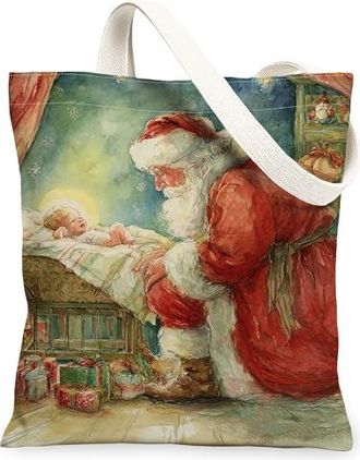 Generic Sacs fourre-tout en toile avec motif P&egrave;re No&euml;l - R&eacute;utilisables - Vintage - L&eacute;gers et lavables - Pour voyage, Rouge, 13x15 Inch