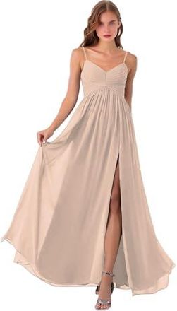 Generic Robe de demoiselle dhonneur en mousseline de soie avec poches et bretelles spaghetti et col en V avec fente, Rose nacré, 40