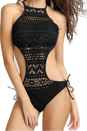 Ocean Plus Damen Schwarz Hochgeschlossen Badeanzug Neckholder Spitze One Piece Cut Out Padded Monokini (XXL/40, A-Schwarz)