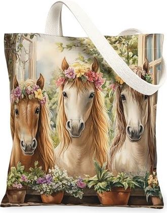 Generic Sac fourre-tout en toile motif cheval printanier pour faire du shopping, 33 x 38,1 cm, motif plante en pot, sac d&eacute;picerie r&eacute;utilisable pour femme, pei