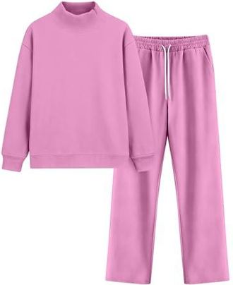 Generic Femmes Hiver Lâche Manches Longues Pantalon Haut Col Haut Pull Sportif Casual Sweatshirt Ensemble Salopette Femmes Hiver, rose, 3XL