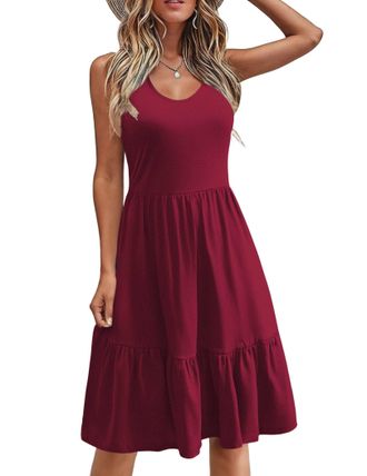 Zeagoo Sommerkleid Damen Kurz Casual Kleid mit Taschen Rundhals Einfarbig Shirtkleid &Auml;rmellos R&uuml;schen Kleider XL