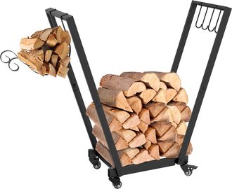 OUTSUNNY Kaminholzregal für innen Metall 79 x 30 x 81 cm Brennholzregal mit Haken Kaminholzständer für Kamin Ofen Feuerholzregal Kaminholzhalter Holzregal für 