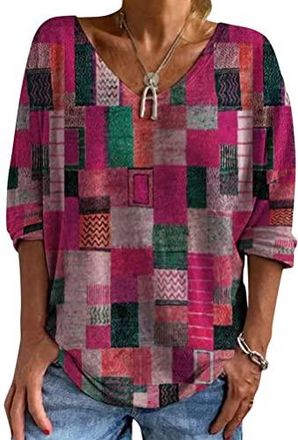 Onsoyours Femme Vintage Imprimé Chic Col en V 3/4 Manches Shirts Élégant Imprimé Tops Blouse Mode Casual Loose Tunique Tops Hauts T-Shirts C Fuchsia XXL