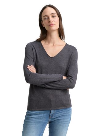 Tom Tailor V-Ausschnitt-Pullover TOM TAILOR, Damen, Gr. XXL (44), grau (anthrazit meliert), Feinstrick, Obermaterial: 60% Baumwolle, 40% Viskose, unifarben, figu
