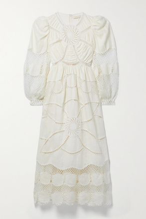 Ulla Johnson Robe Midi En Voile De Lin Et En Coton Crocheté À Fronces Estrella - Blanc cassé