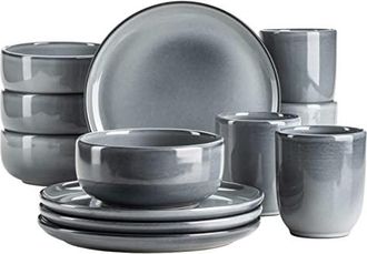 Mäser Serie Livio, Frühstücksgeschirr Set für 4 Personen mit henkellosen Kaffeebechern, moderne nordische Formen, 12-teiliges Service, Steinzeug, Grau