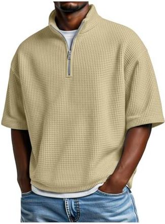 Generic Sweat-shirt d&eacute;contract&eacute; &agrave; col montant et fermeture &eacute;clair contrast&eacute;e pour homme, chemise gaufr&eacute;e &agrave; manches longues, pull ample pour les vacances, kaki