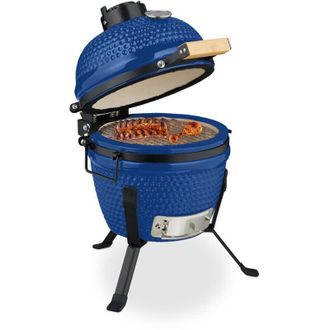 Relaxdays Relaxdays Barbecue Kamado, &Oslash; 26 cm, Grill japonais c&eacute;ramique avec thermom&egrave;tre 450&deg;C, grillade, fumoir, couvercle, bleu