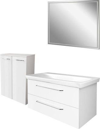 Fackelmann milano Badmöbel Set 4-teilig, 100 cm, Weiß, Keramik, LED-Spiegel + Doppel-Midischrank-90302145
