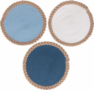 Villa D'Este Home Tivoli Tischset aus Polycotton, gewebter Rahmen aus Jute, &Oslash; 38 x 1,5 cm, Shades of Ocean, 3 St&uuml;ck