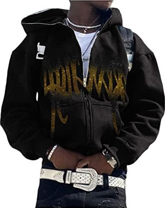 ORANDESIGNE Sweat à Capuche Homme Sweat-Shirt avec Fermeture Éclair Ample Imprimé Lettres Manche Longue Hip Hop Streetwear Zippée Veste à Capuche E-Girl Années 90