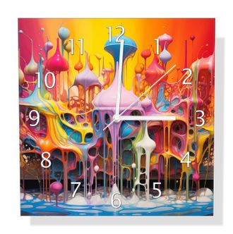 Wallario Design-Wanduhr Farbenfroher Palast aus Glas, Motiv-Uhr Größe 30 x 30 cm, weiße Zeiger