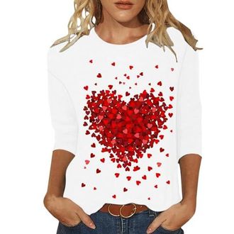 Generic T-shirt &agrave; manches trois-quarts et col rond imprim&eacute; graphique pour la Saint-Valentin 2026, Rouge, XXL