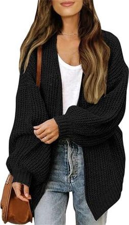 Generic Cardigan en tricot &agrave; manches lanternes pour femme Col en V Couleur unie Pull &agrave; manches longues R&eacute;tro, noir, Taille XS