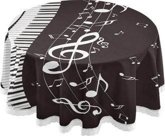 Mnsruu 60 Zoll Runde Musik Note Schwarz Weiß Tischdecke Tischdecke Tischdecke Deko Spitze Makramee für Buffet Tisch Party Urlaub Abendessen