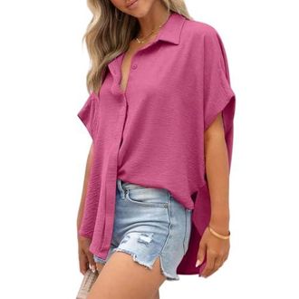 Generic Chemisier d&eacute;contract&eacute; &agrave; manches courtes et ourlet fendu pour femme, couleur unie, col en V, coupe surdimensionn&eacute;e, rose rouge, XXL