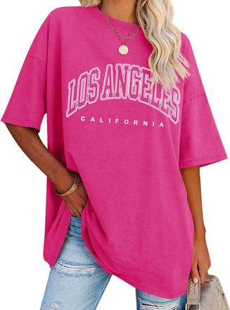 Dresswel Oversized T Shirt Damen Los Angeles California Brief drucken Vintage T-Shirt Kurzarm Rundhals Sommer Oberteile Lose Bluse Lang Tunika Top f&uuml;r Teenager
