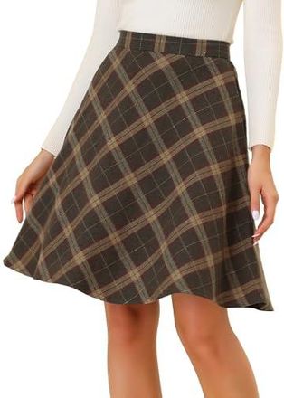 Allegra K Jupe trap&egrave;ze Vintage &agrave; Carreaux pour Femme - Taille &eacute;lastique - Longueur Genou, Marron, Taille L