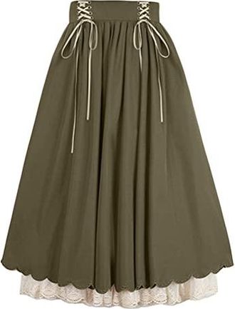 Minetom Femme Jupe Renaissance Vintage Rétro Jupe Médiévale Taille Haute Elastique Jupe Trapèze Vasée Smockée Victorienne Moyen Age Jupe B Vert M