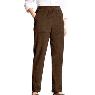 Generic Pantalon décontracté en velours côtelé taille haute élastique à enfiler avec poches pour femme, marron foncé, 3XL
