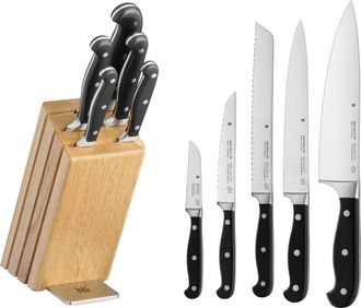 WMF Messerblock Spitzenklasse Plus 6-teiliges Messerset, 5 geschmiedete Küchenmesser mit Performance Cut für langanhaltende Schärfe, Block aus Eiche mit K