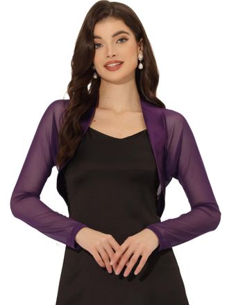 Allegra K Damen-Weihnachts-Satin-Bolero Elegante Netz-Einsatz-&Auml;rmel Offene Vorderseite Party-Crop-Cardigan, dunkelviolett, XL