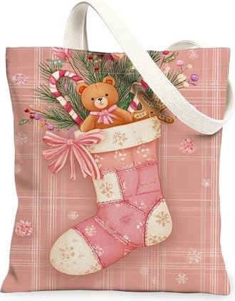 Generic Sacs fourre-tout en toile motif ours de No&euml;l, sacs d&eacute;picerie r&eacute;utilisables, vintage, l&eacute;gers et lavables avec bandouli&egrave;re, p&ecirc;che, 13x15 Inch