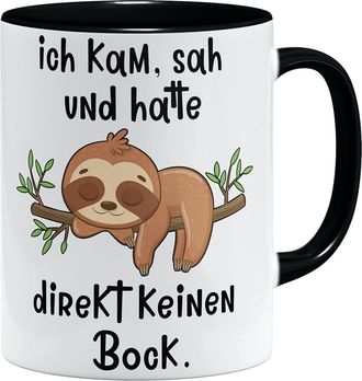 OM3 Ich kam, sah und hatte direkt keinen Bock - lustige Faultier Tasse mit Spruch - Keramik Becher - 11oz 325ml - Beidseitig Bedruckt - Schwarz