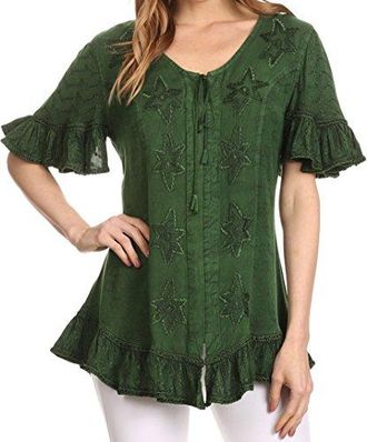 Sakkas 1663 - Sayle Longue &eacute;toile brod&eacute;e Blouse Shirt Top avec Button Front Et Ruffles - Vert - S/M
